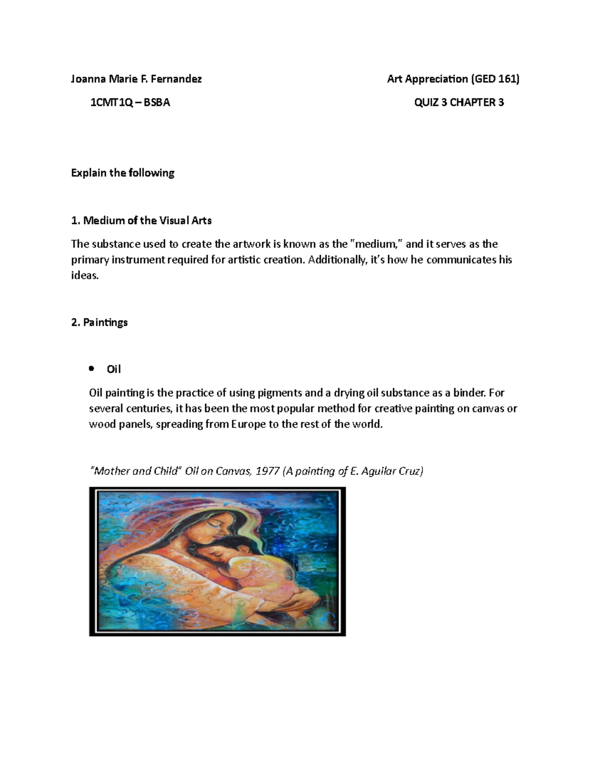 Artappreciationquiz 3 - Joanna Marie F. Fernandez Art Appreciation (GED ...