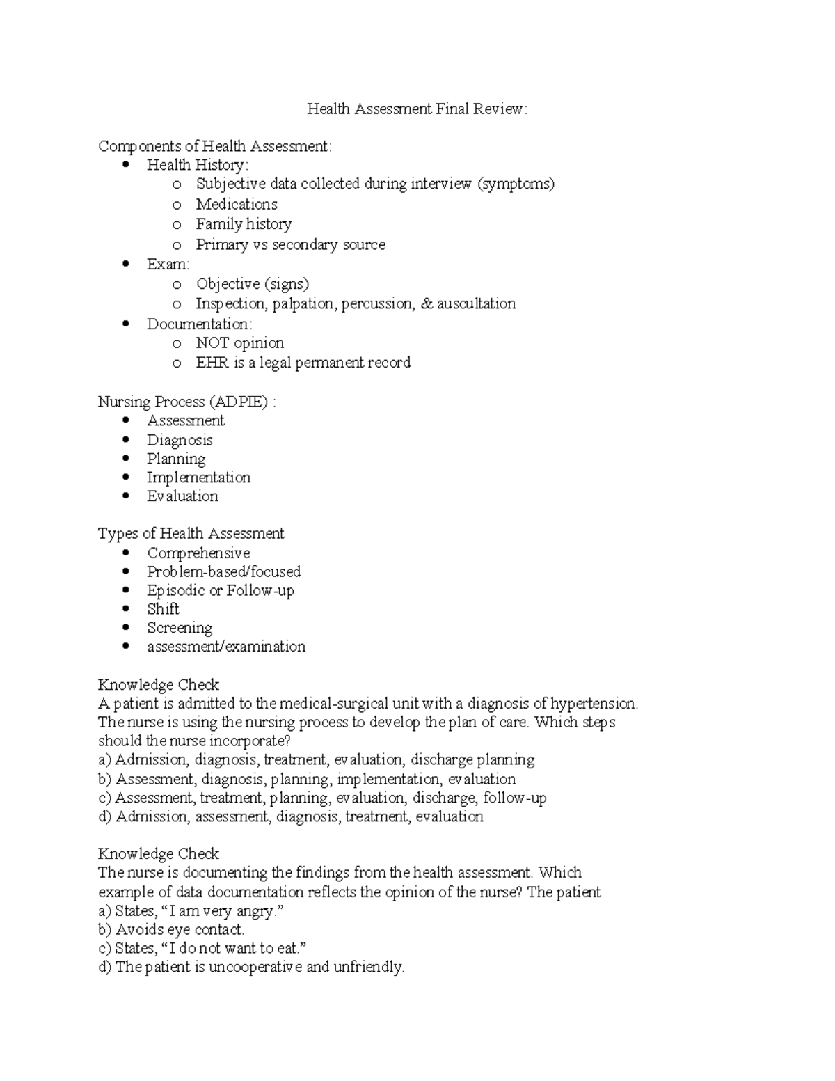 Health Assessment Final Review - Health Assessment Final Review ...