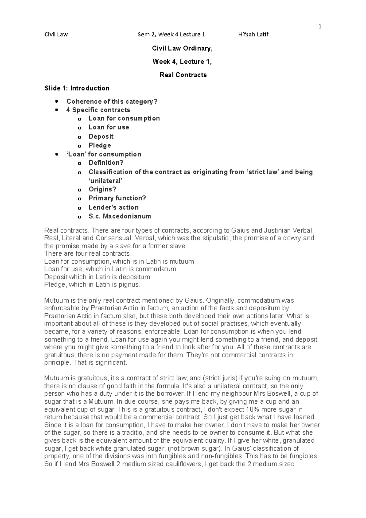 Sem 2, Week 4, 1 Civil Law - Real Contracts - Civil Law Sem 2, Week 4 ...