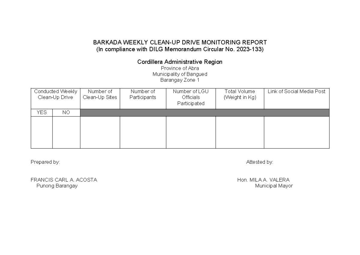 Barkada-Reporting-Template - BARKADA WEEKLY CLEAN-UP DRIVE MONITORING ...
