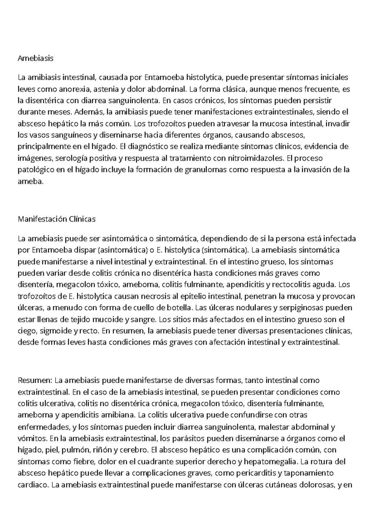 Amebiasis - Resumen - Amebiasis La amibiasis intestinal, causada por ...