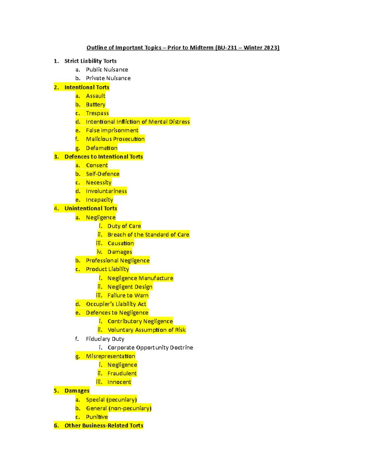 Midterm Outline - Outline of Important Topics – Prior to Midterm (BU-231 – Winter 2023) Strict ...