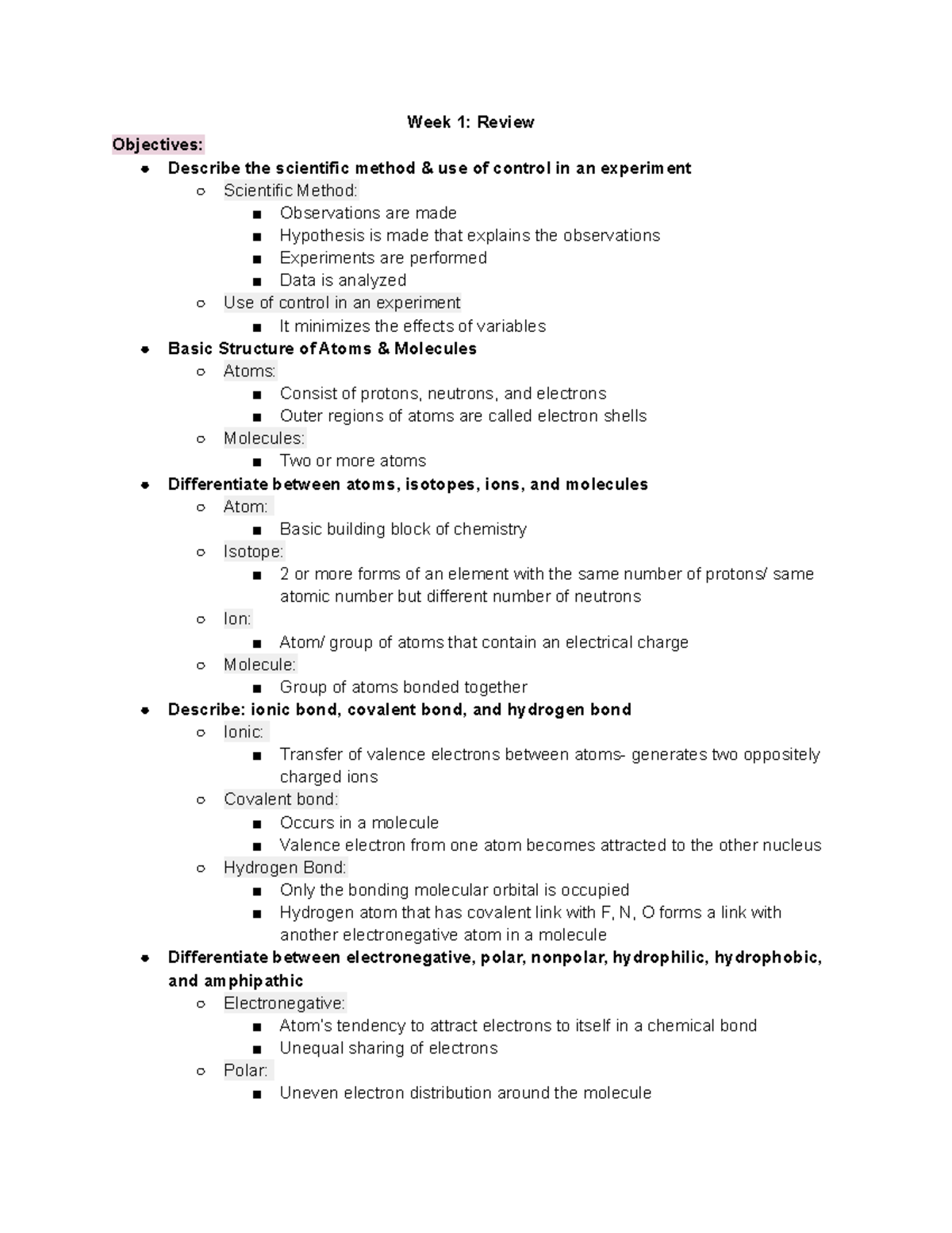 Week 1 Review - Week 1: Review Objectives: Describe the scientific ...