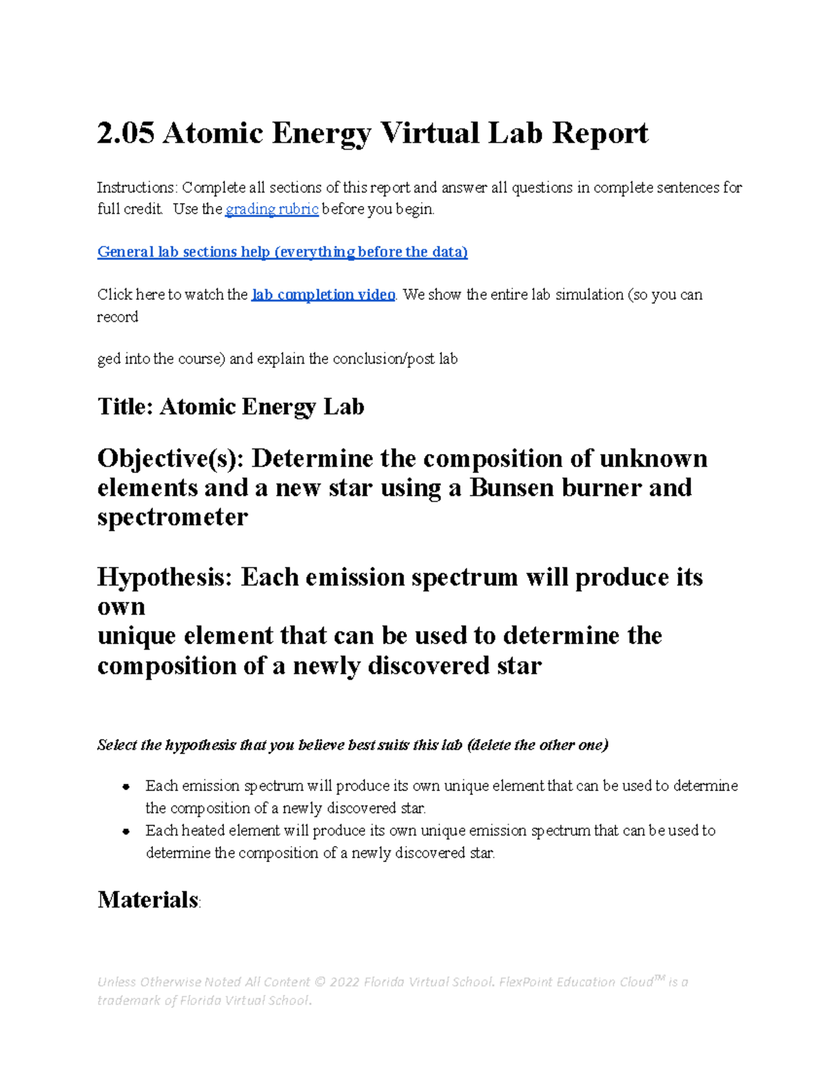 2.05 Atomic energy Lab report- Chemistry & FLVS. - 2 Atomic Energy ...