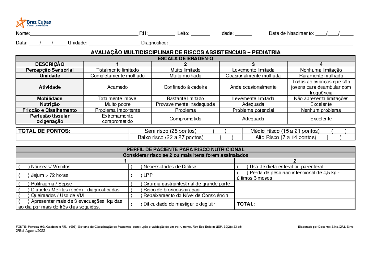 Escalas de Risco Pediatria - FONTE: Perroca MG, Gaidzinski RR. (1998 ...