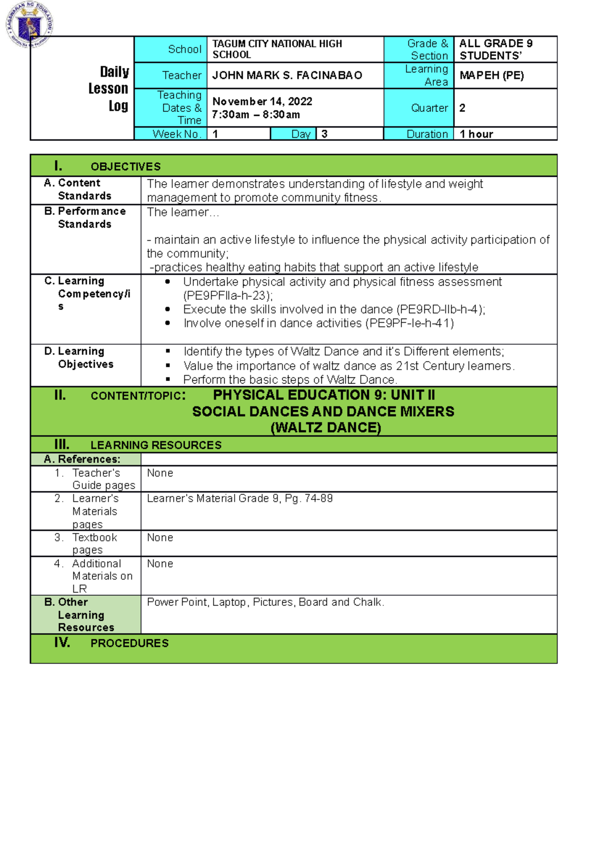 PE Lesson PLAN 001 - N/A - Daily Lesson Log School TAGUM CITY NATIONAL ...