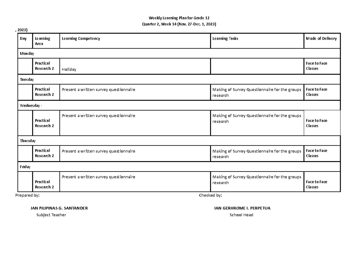 WLP (week 14) - Learning plan - Weekly Learning Plan for Grade 12 ...