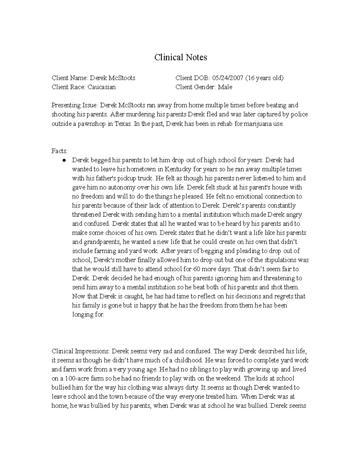 Clinical Notes - Clinical Notes Client Name: Derek McStoots Client DOB ...