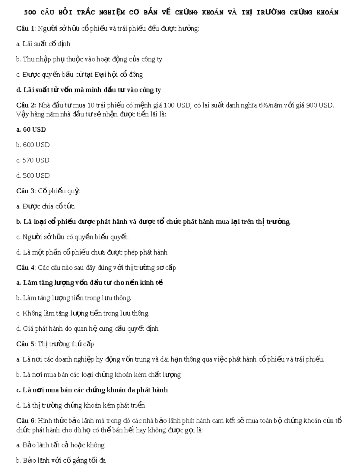500 cau hoi trac nghiem chung khoan - 500 CÂU H I TR C NGHI M CỎ Ắ Ệ Ơ B N V CH NG KHOẢ Ề Ứ ÁN ...