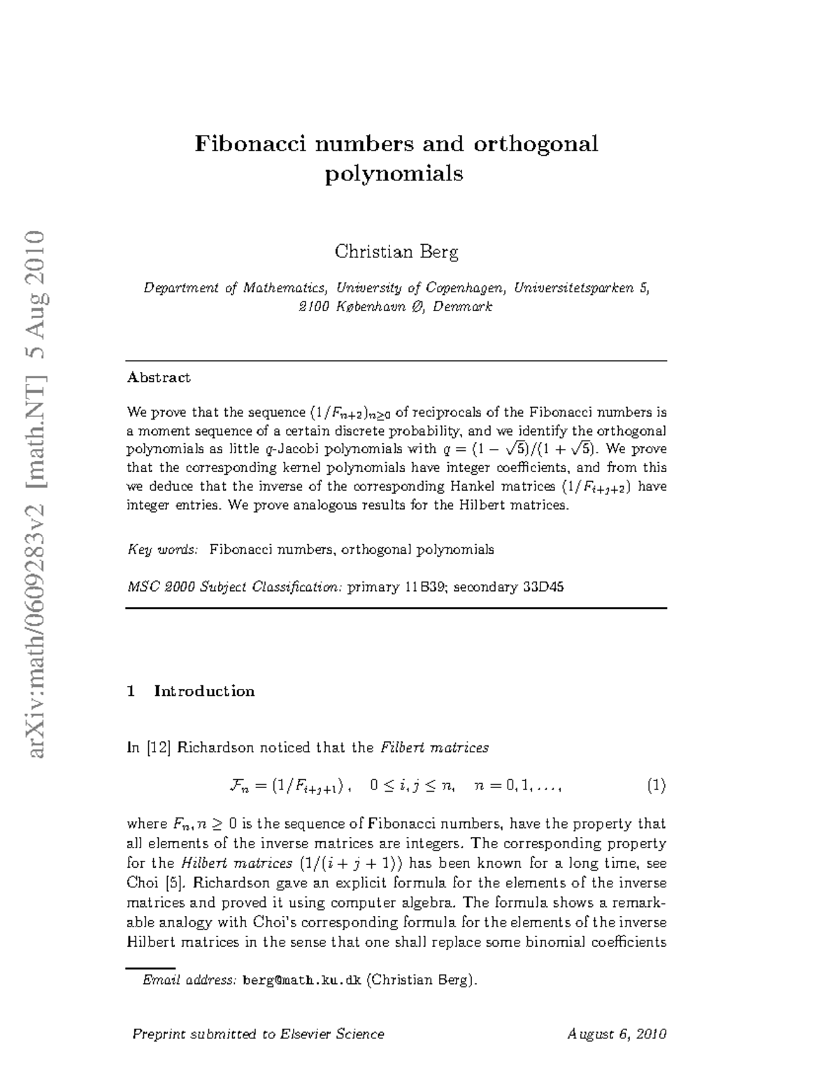 0609283 v2 - arXiv:math/0609283v2 [math] 5 Aug 2010 Fibonacci numbers ...