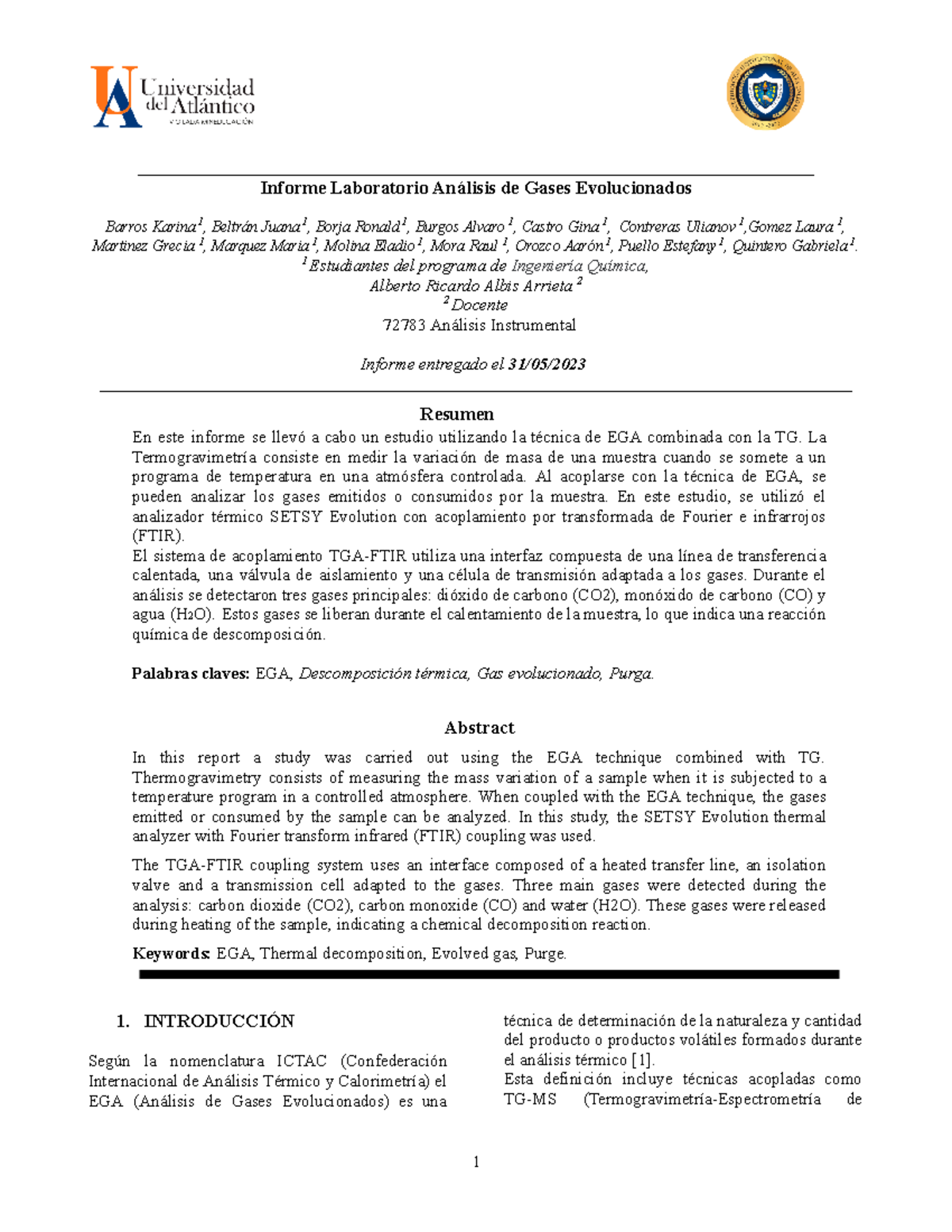 Informe Analisis de Evolución de Gases - - Studocu