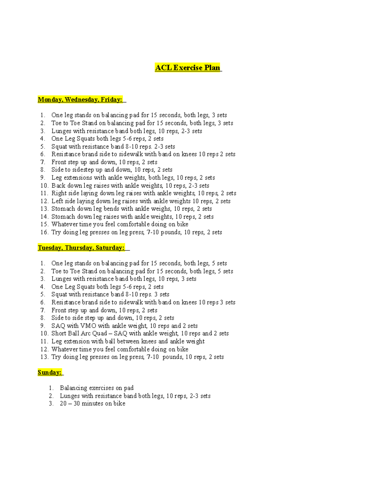 The medical reconstruction of and anterior ligament - ACL Exercise Plan ...
