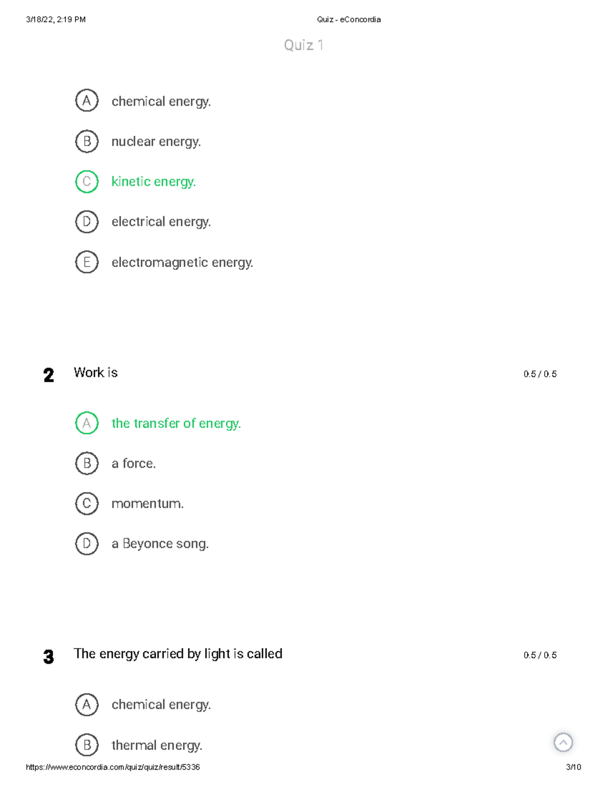 Quiz 2- e Concordia phys 273 - 1 The energy due to an object’s motion ...