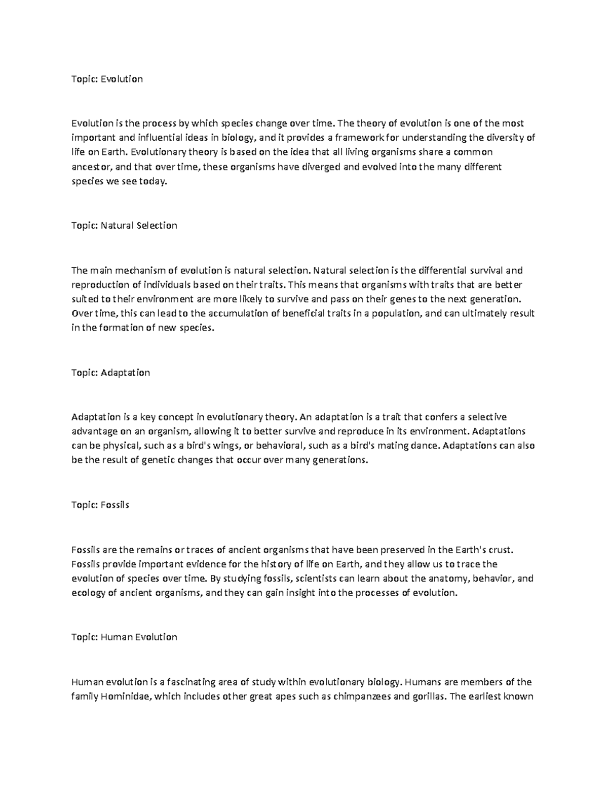 Bio notes - Topic: Evolution Evolution is the process by which species ...