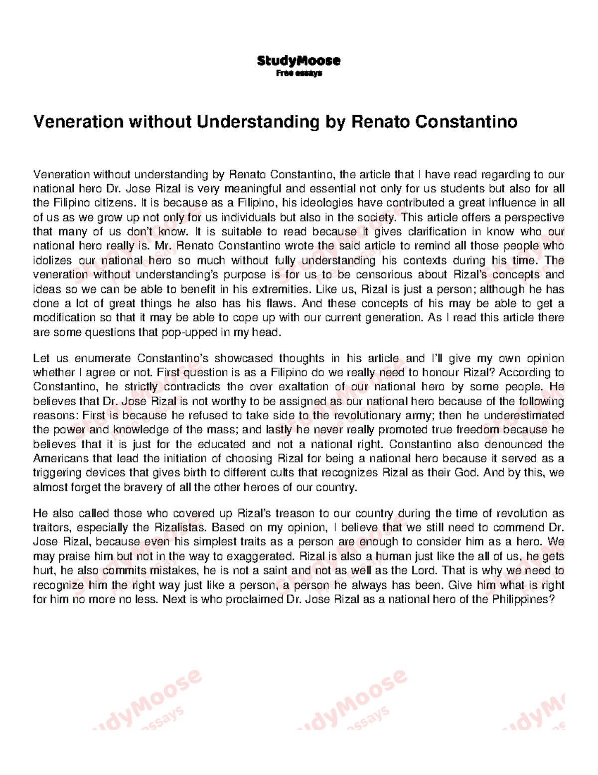 Veneration without Understanding by Renato Constantino - Jose Rizal is ...