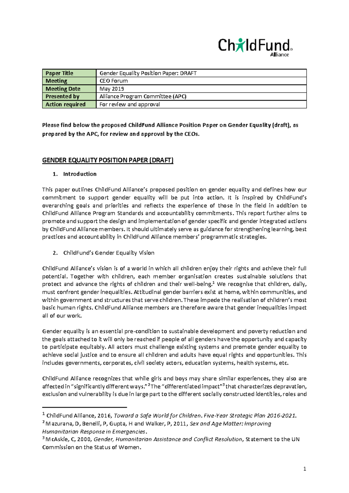 Gender equality - GENDER EQUALITY POSITION PAPER (DRAFT) Introduction ...