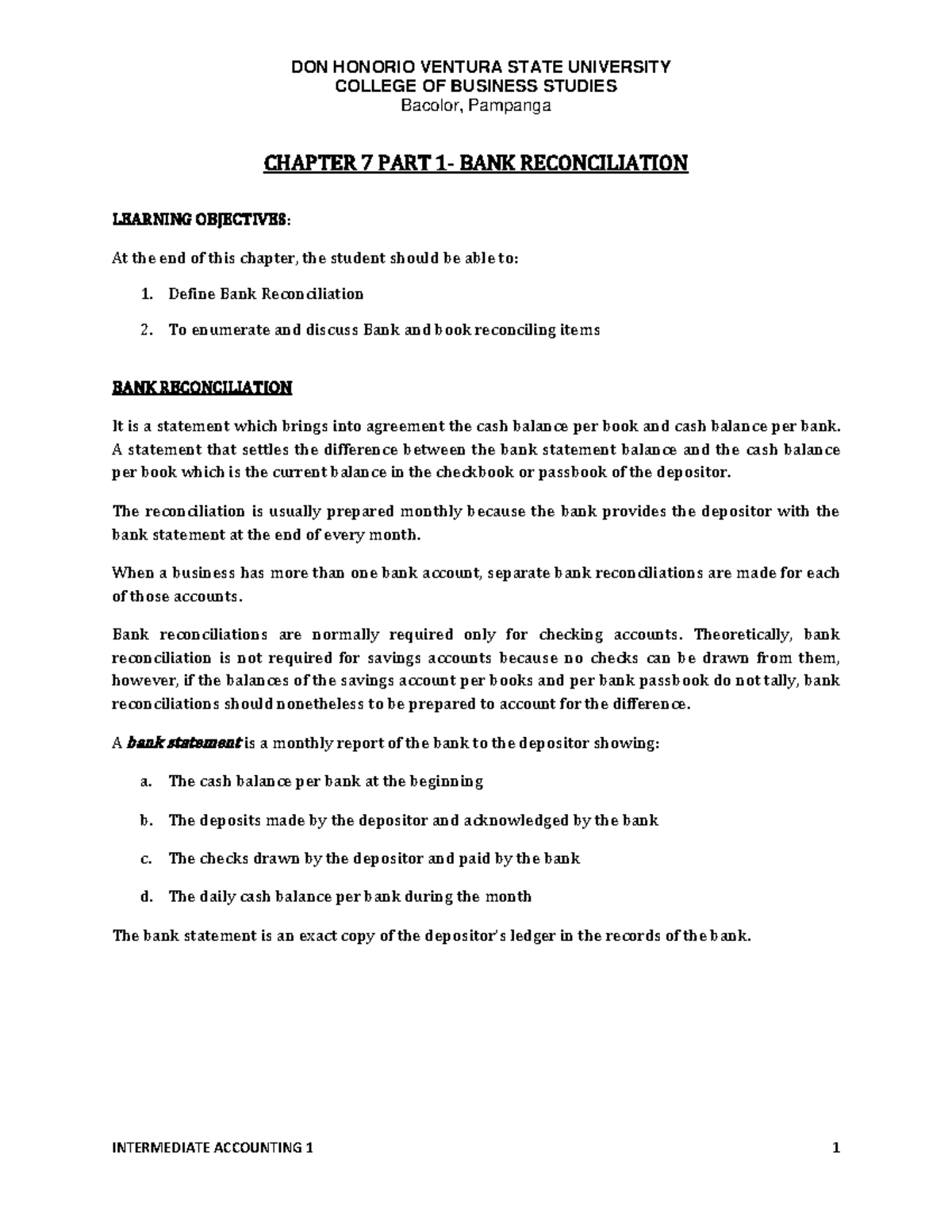 BANK Reconciliation - Lecture notes 1 - COLLEGE OF BUSINESS STUDIES ...