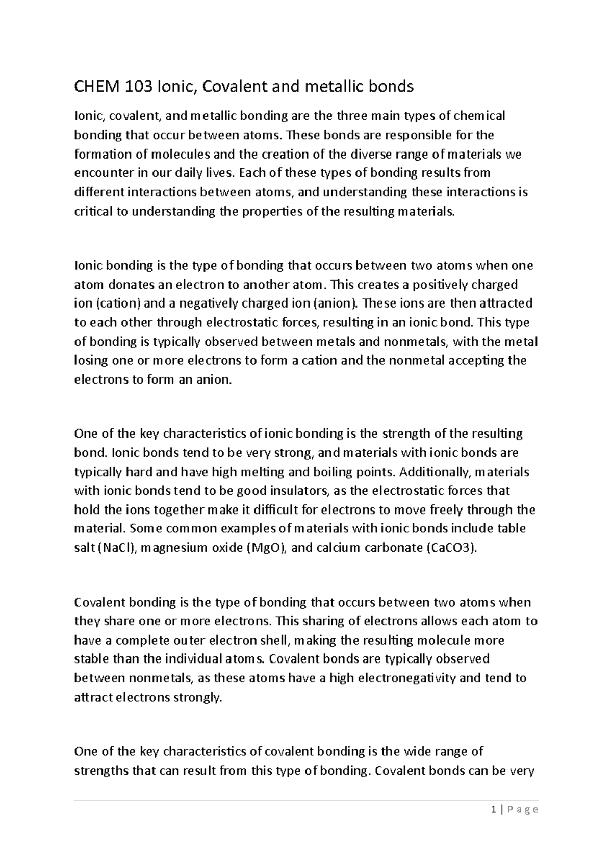 CHEM 103 Ionic, covalent and metallic bonds - CHEM 103 Ionic, Covalent ...