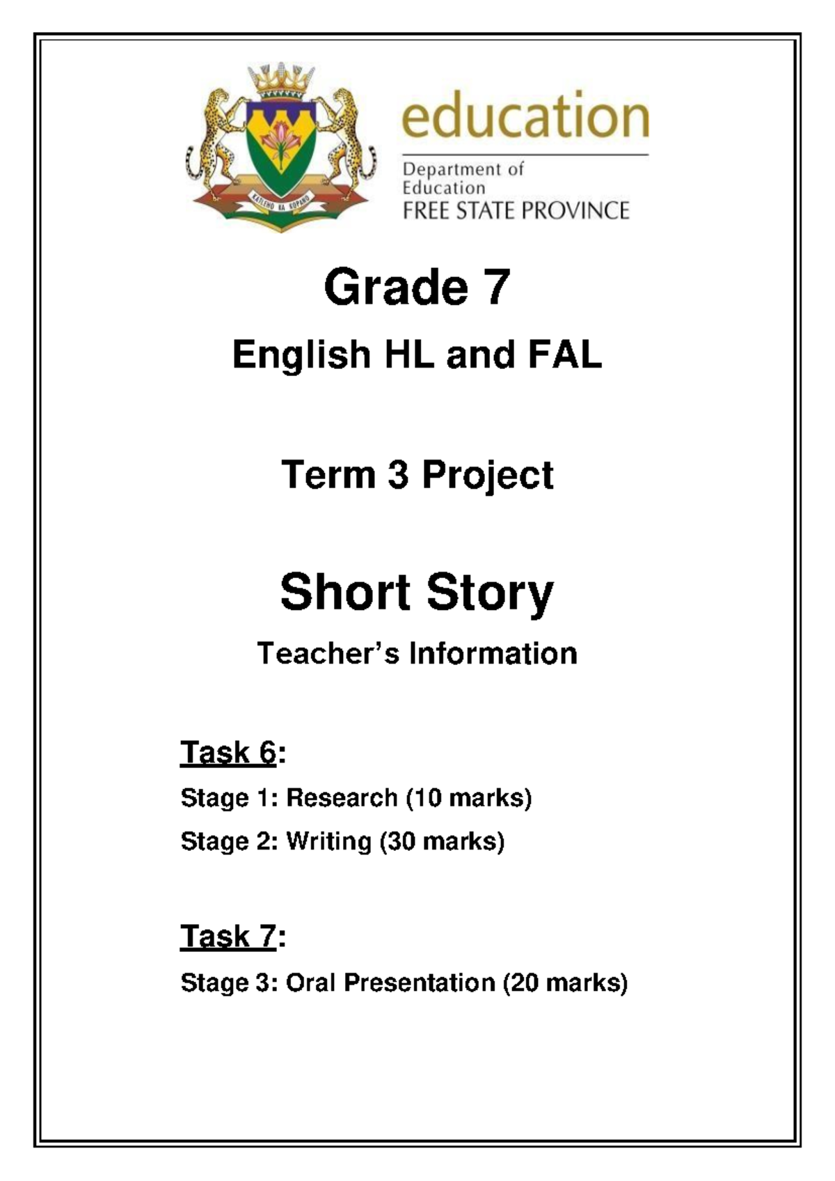 Grade 7 EFAL and HL Project Teacher Information Term 3 2023 - Grade 7 ...