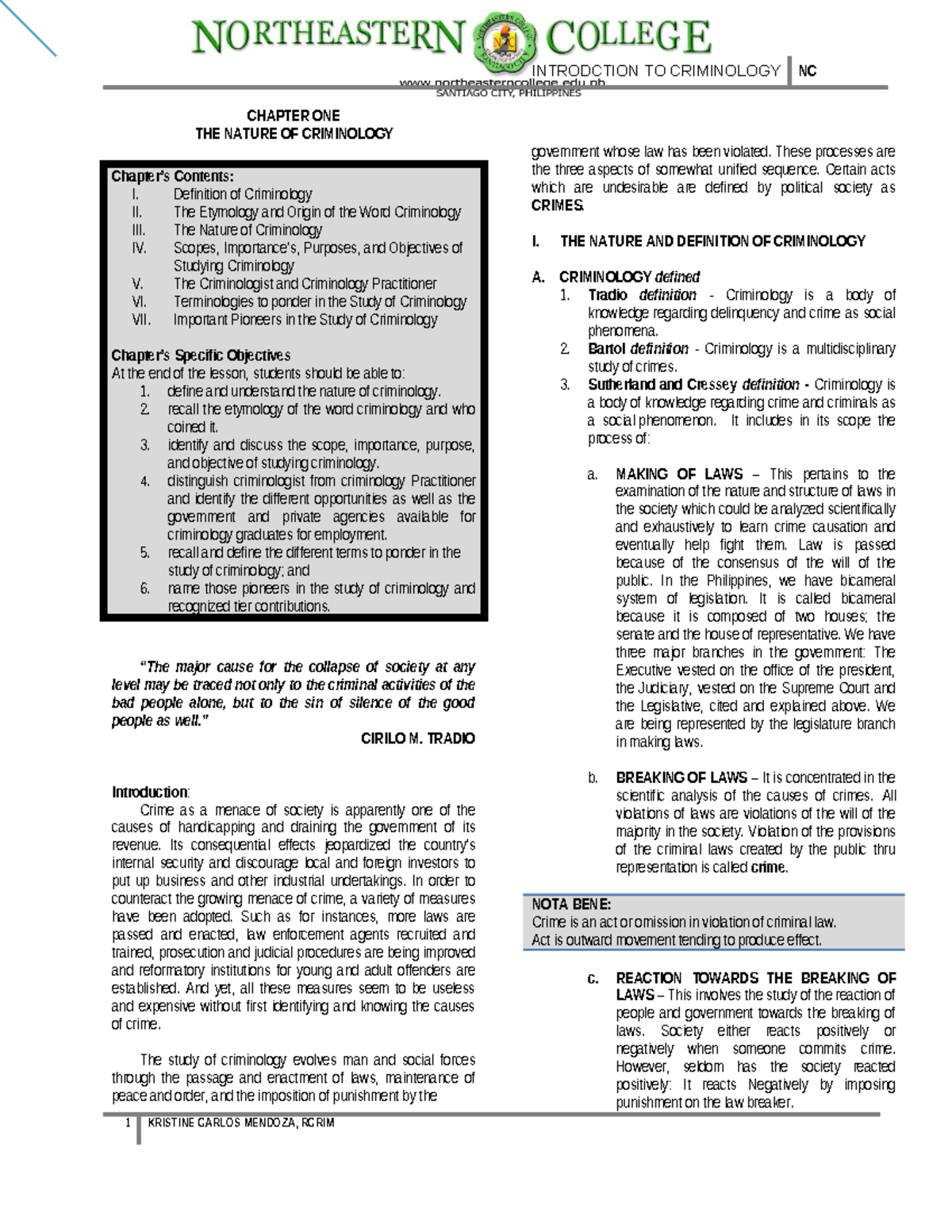 Module Guide - Lecture Notes in Criminology - CHAPTER ONE THE NATURE OF ...