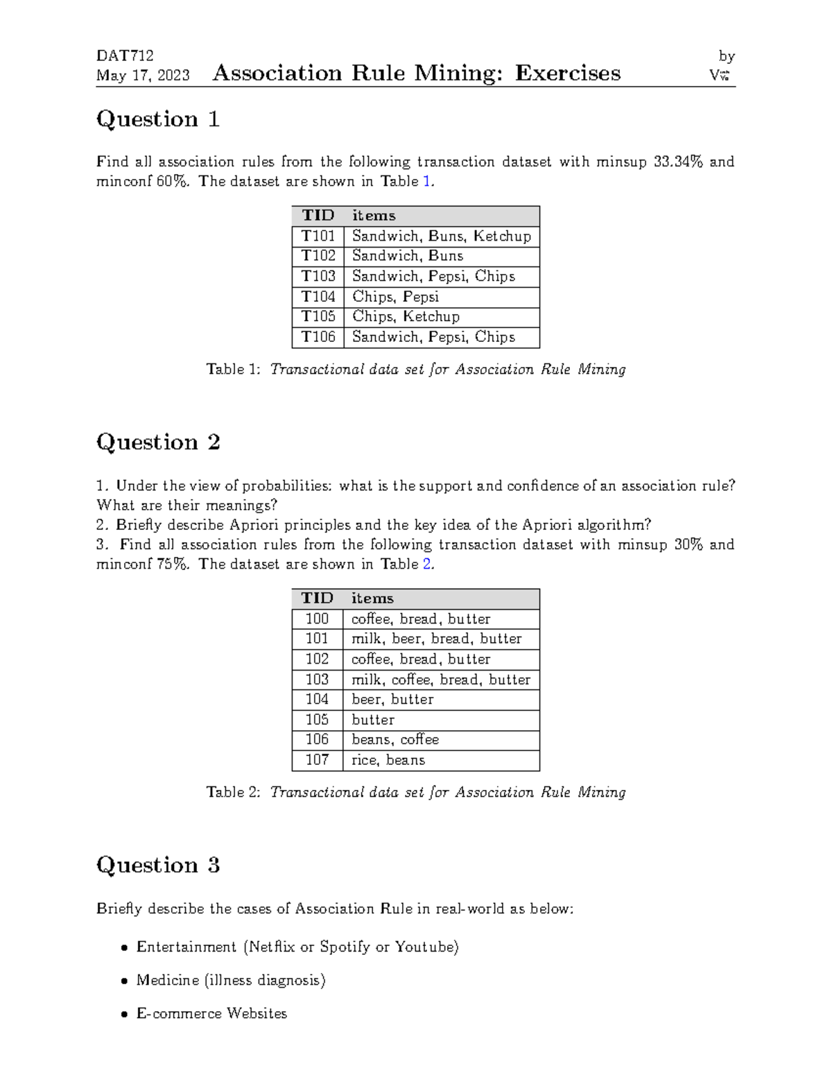 Ex2-Frequent Item Sets - DAT May 17, 2023 Association Rule Mining: Exercises by VinhVo Question ...
