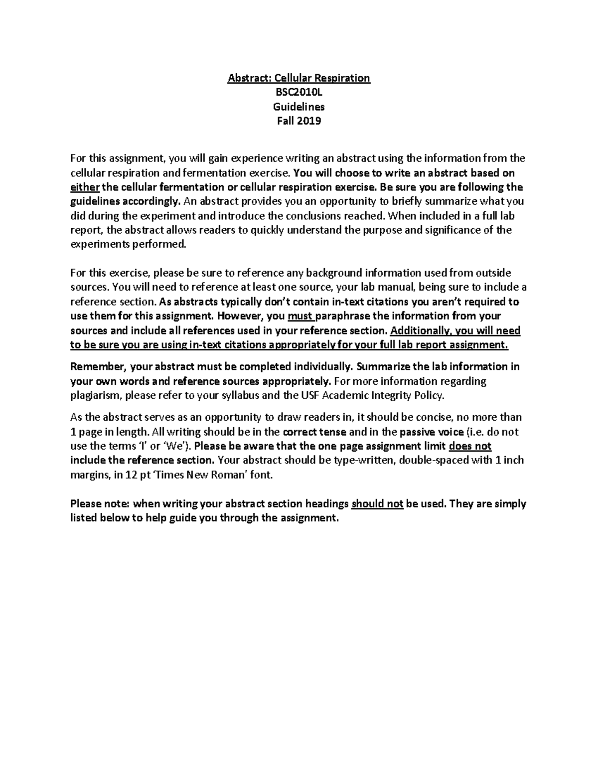 BSC2010 L Respiration Abstract Guidelines FA19 - Abstract: Cellular ...
