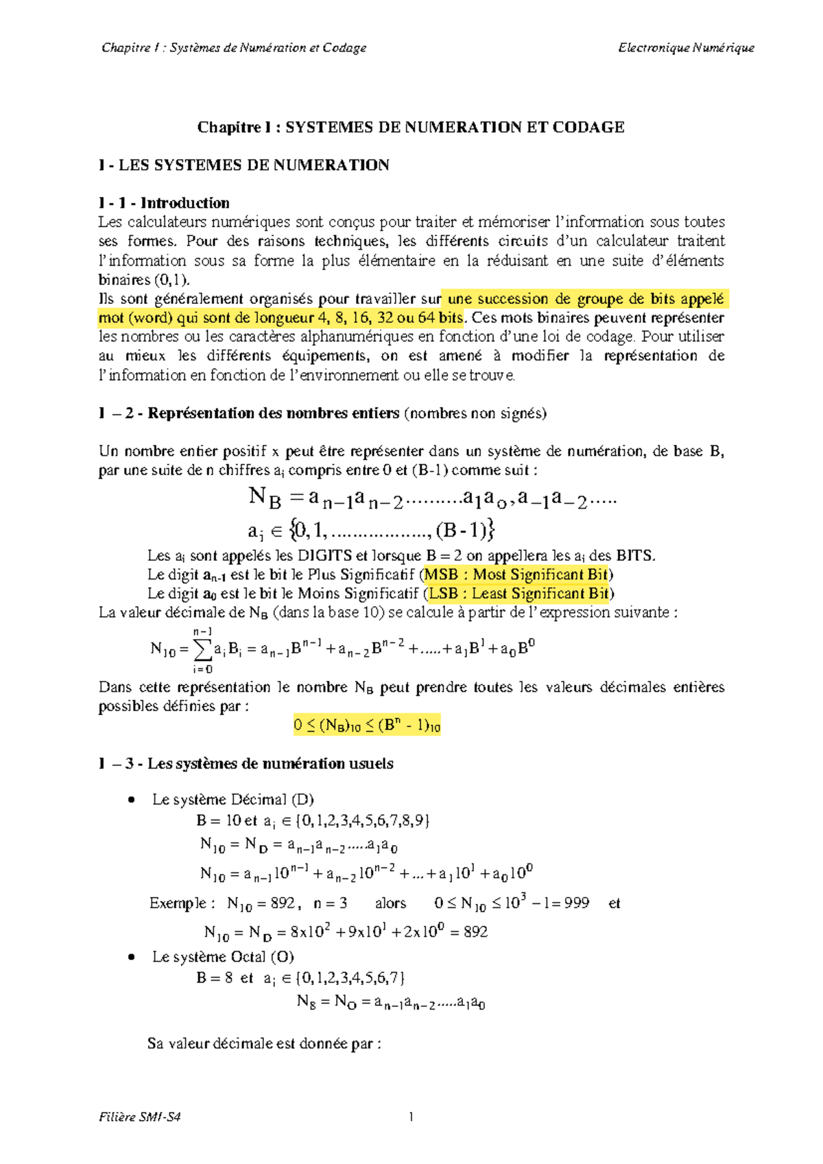 Chap1 Numération Codage-2021 - Chapitre I : SYSTEMES DE NUMERATION ET ...
