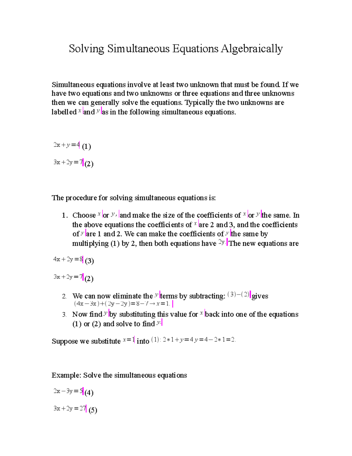Solving Simultaneous Equations Algebraically - Solving Simultaneous ...