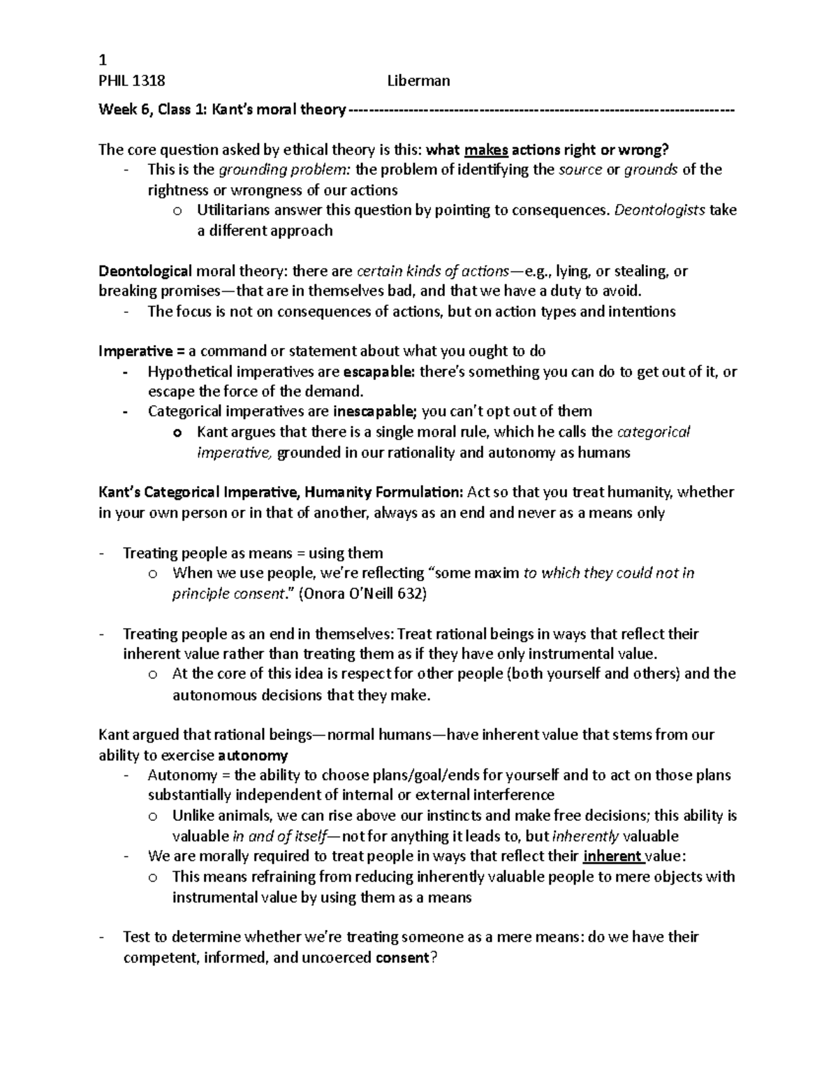 W6C1 Kant Handout - 1 PHIL 1318 Liberman Week 6, Class 1: Kant’s moral ...