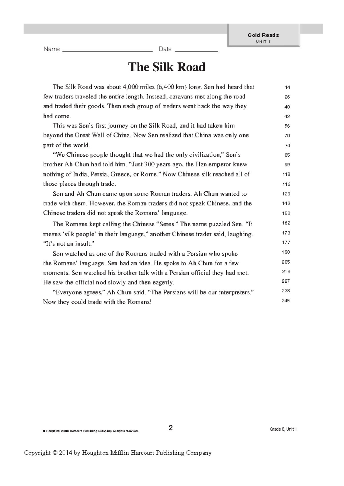 01 Coldread g6 - English Literature cold reads - 2 U N I T 1 Name Date ...