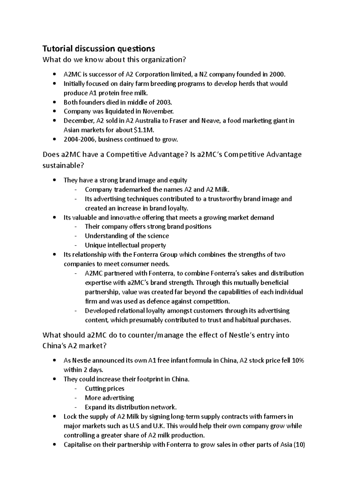 Week 5 Case Study - A2 Milk. Tutorial Question and Diamond framework ...