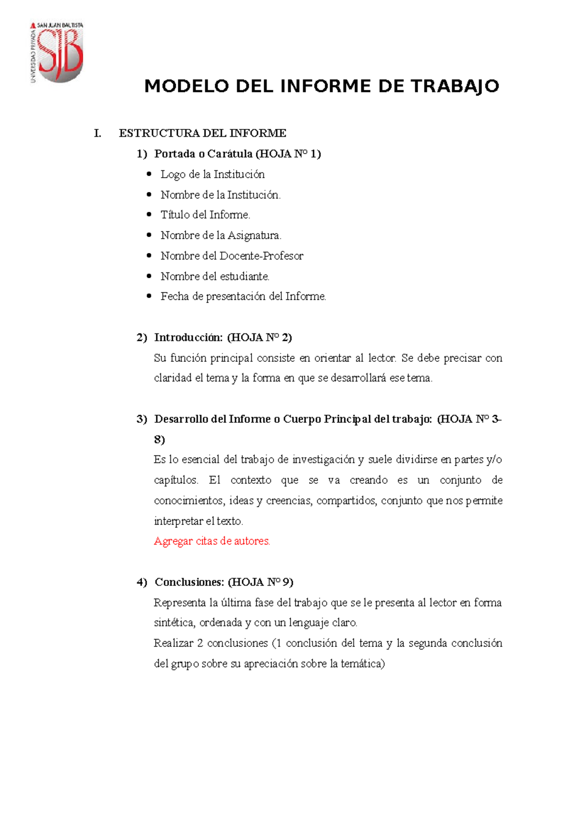 1. Modelo DEL Informe DE Trabajo ok - MODELO DEL INFORME DE TRABAJO I. ESTRUCTURA DEL INFORME ...