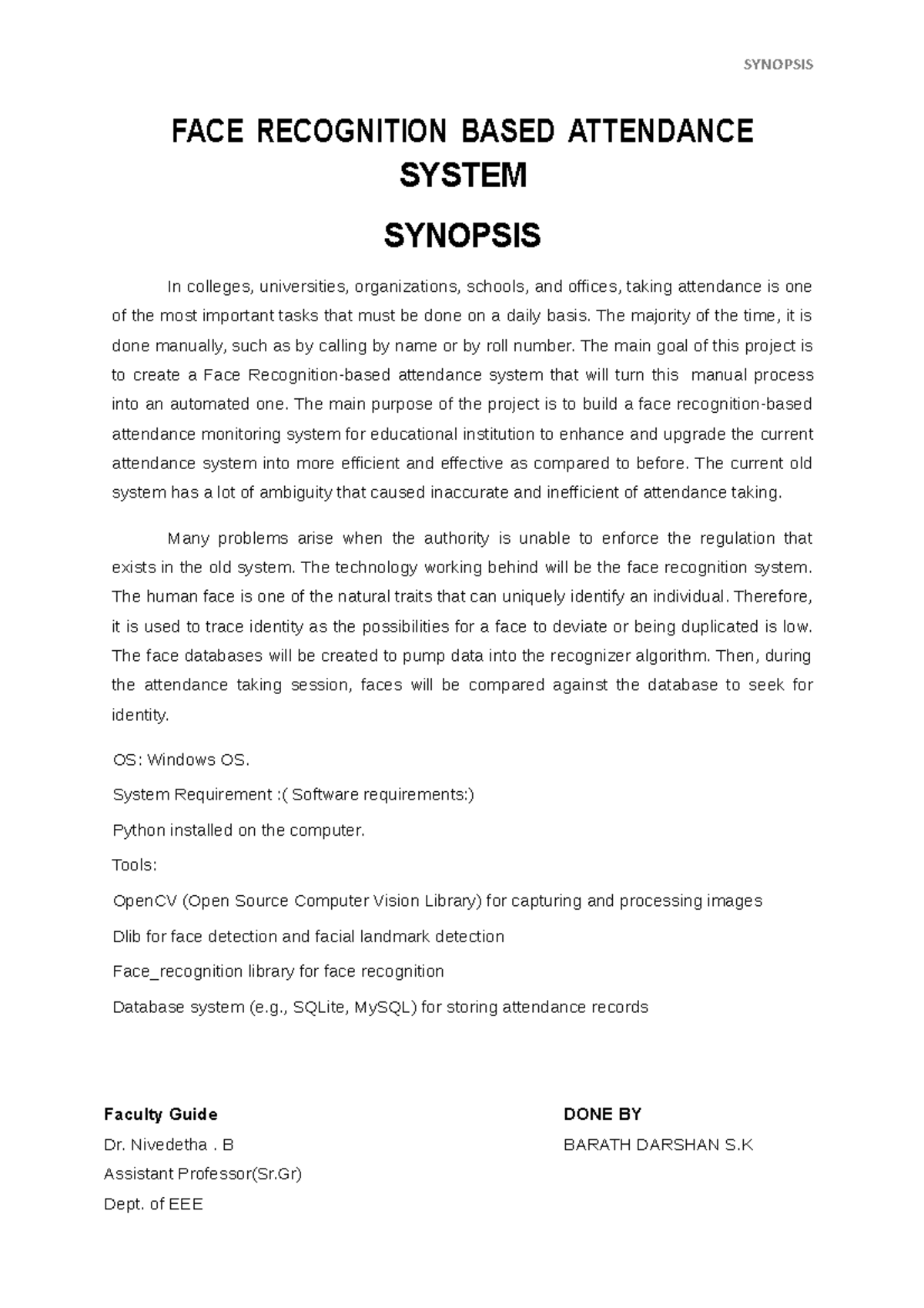 FACE Recognition Based Attendance System - SYNOPSIS FACE RECOGNITION ...