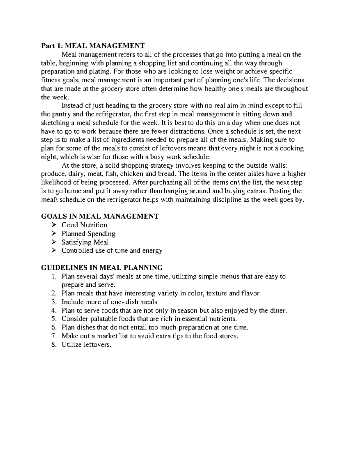 MEAL Management - Part 1: MEAL MANAGEMENT Meal management refers to all ...