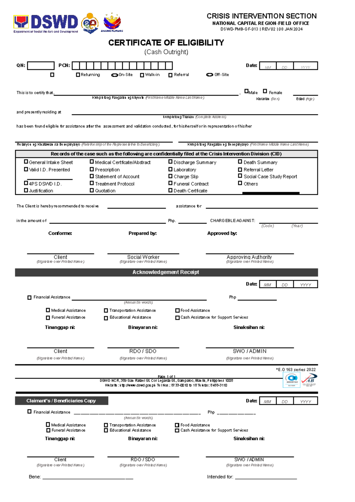 (10) AICS FORM 1 - CRISIS INTERVENTION SECTION NATIONAL CAPITAL REGION-FIELD OFFICE DSWD-PMB-GF ...