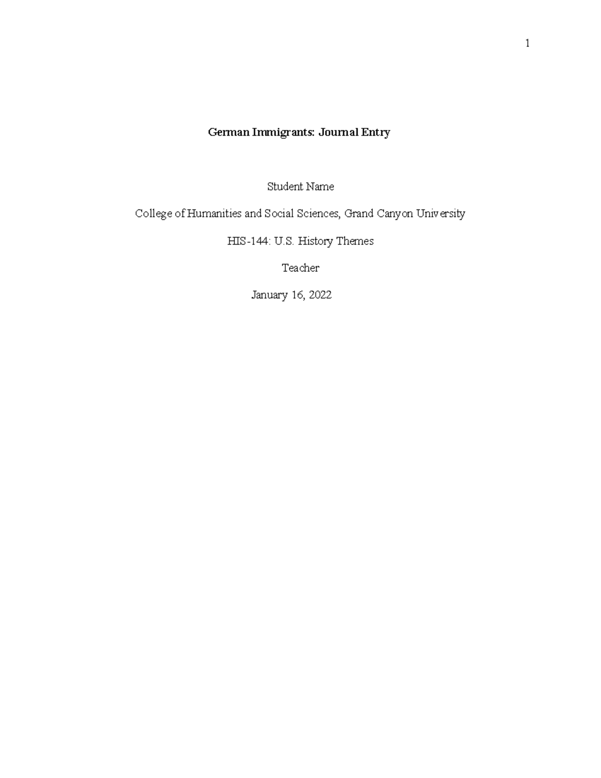 German Immigrants journal entry - German Immigrants: Journal Entry ...