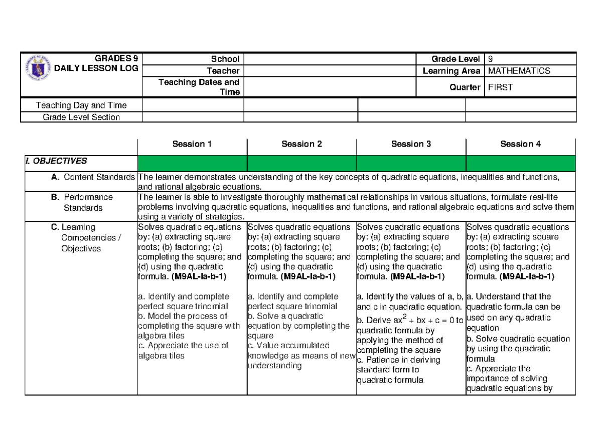 Sample DLL - GRADES 9 DAILY LESSON LOG School Grade Level 9 Teacher ...