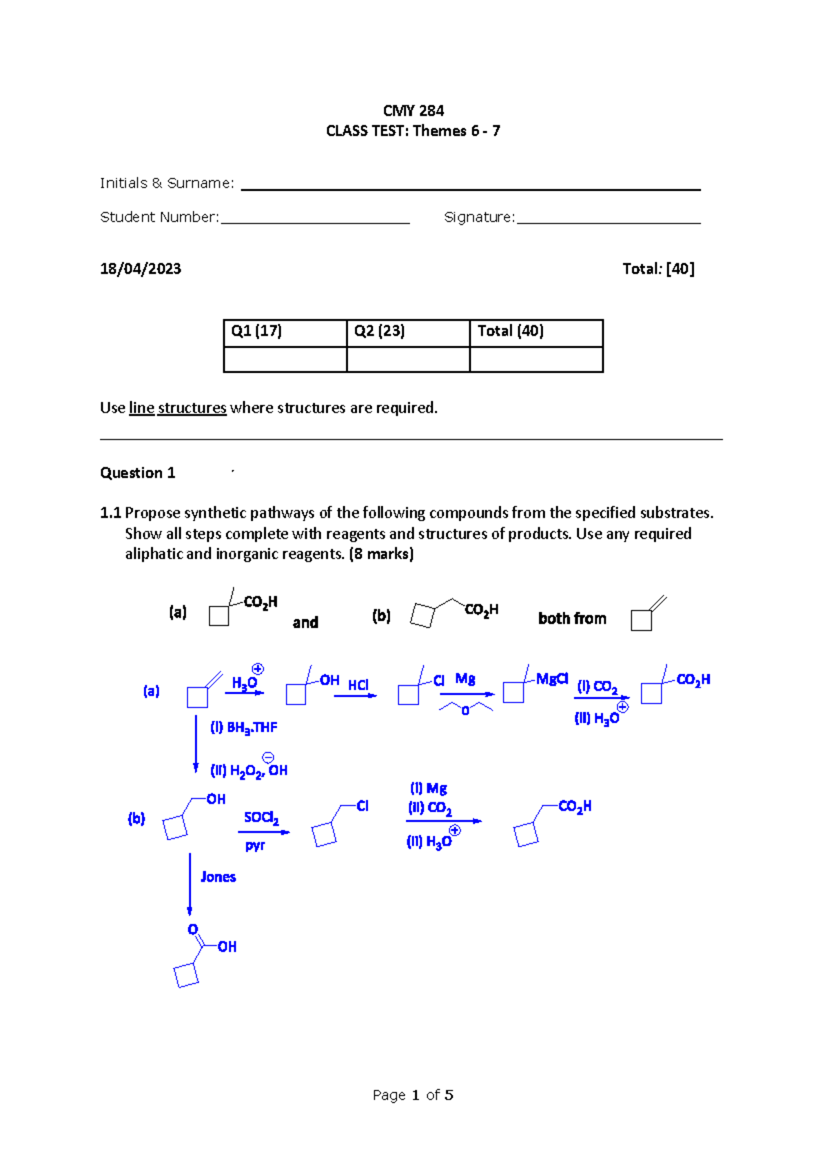 CMY 284 Class Test 2 2023 MEMO - CMY 284 CLASS TEST: Themes 6 - 7 ...
