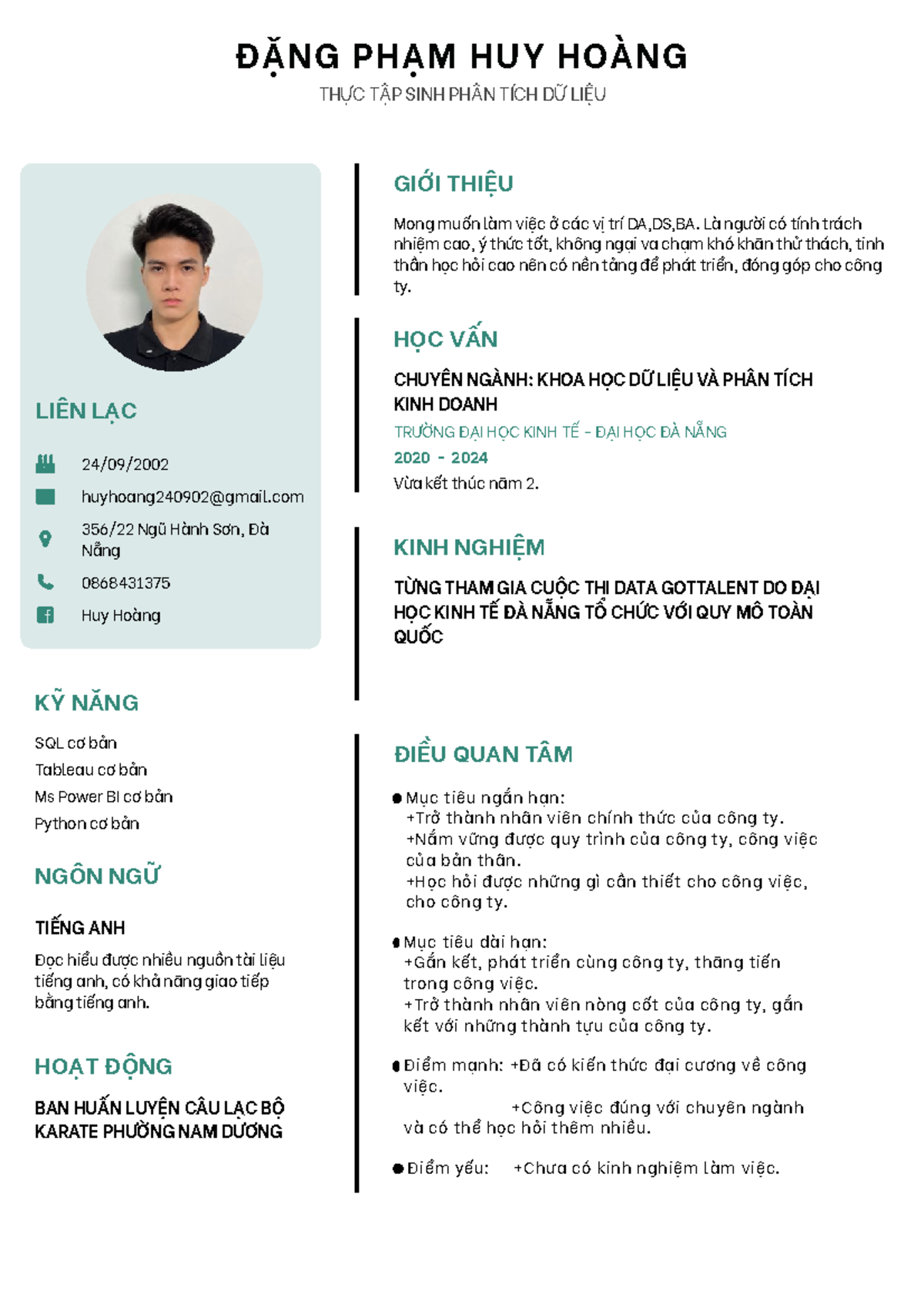 CV DA intern - tài liệu vô cùng hữu ích - GIỚI THIỆU ĐẶNG PHẠM HUY ...