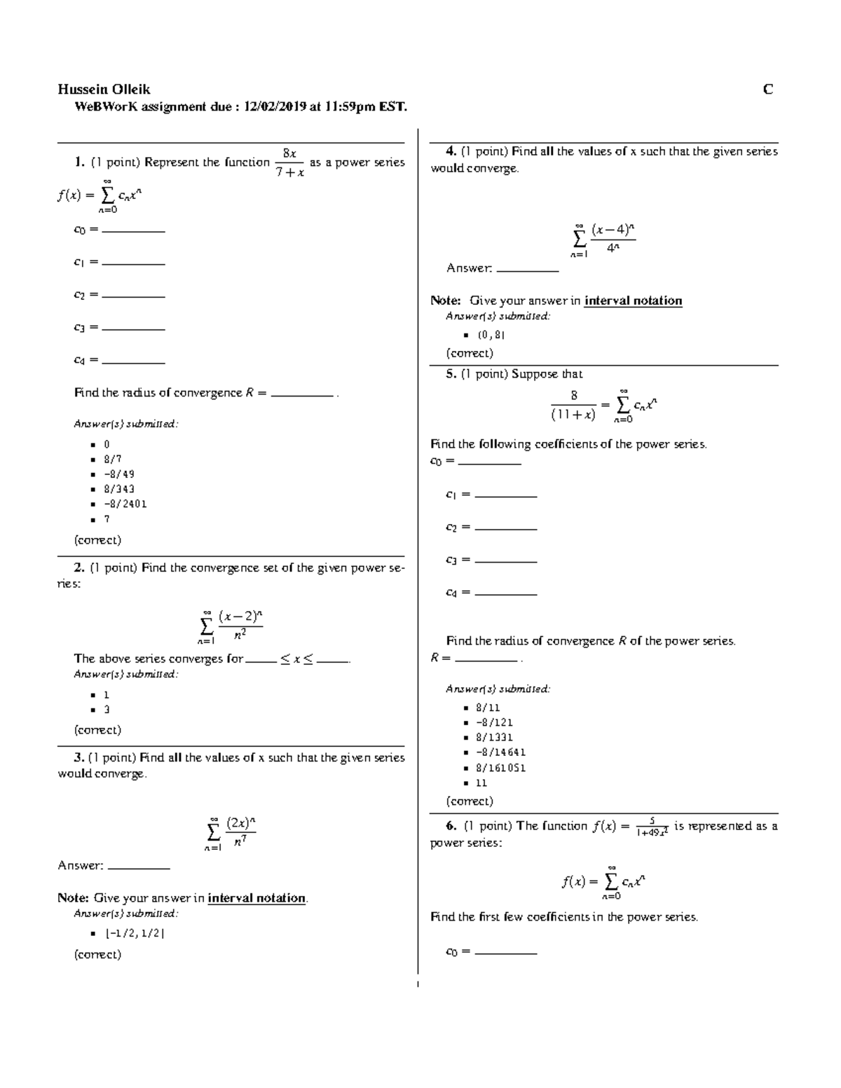 MATH 205 Fall 2019 - assignment 11 questions and answers - Hussein ...