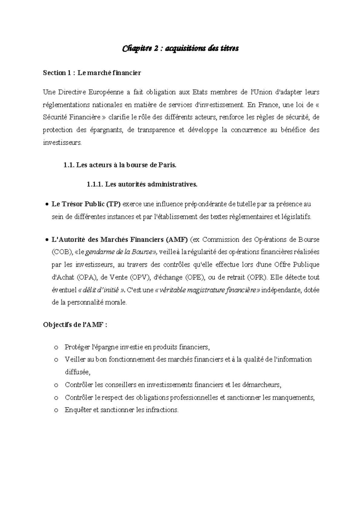 Compta Chapitre-2 (L2/S1) - Chapitre 2 : acquisitions des titres Section 1 : Le marché financier ...