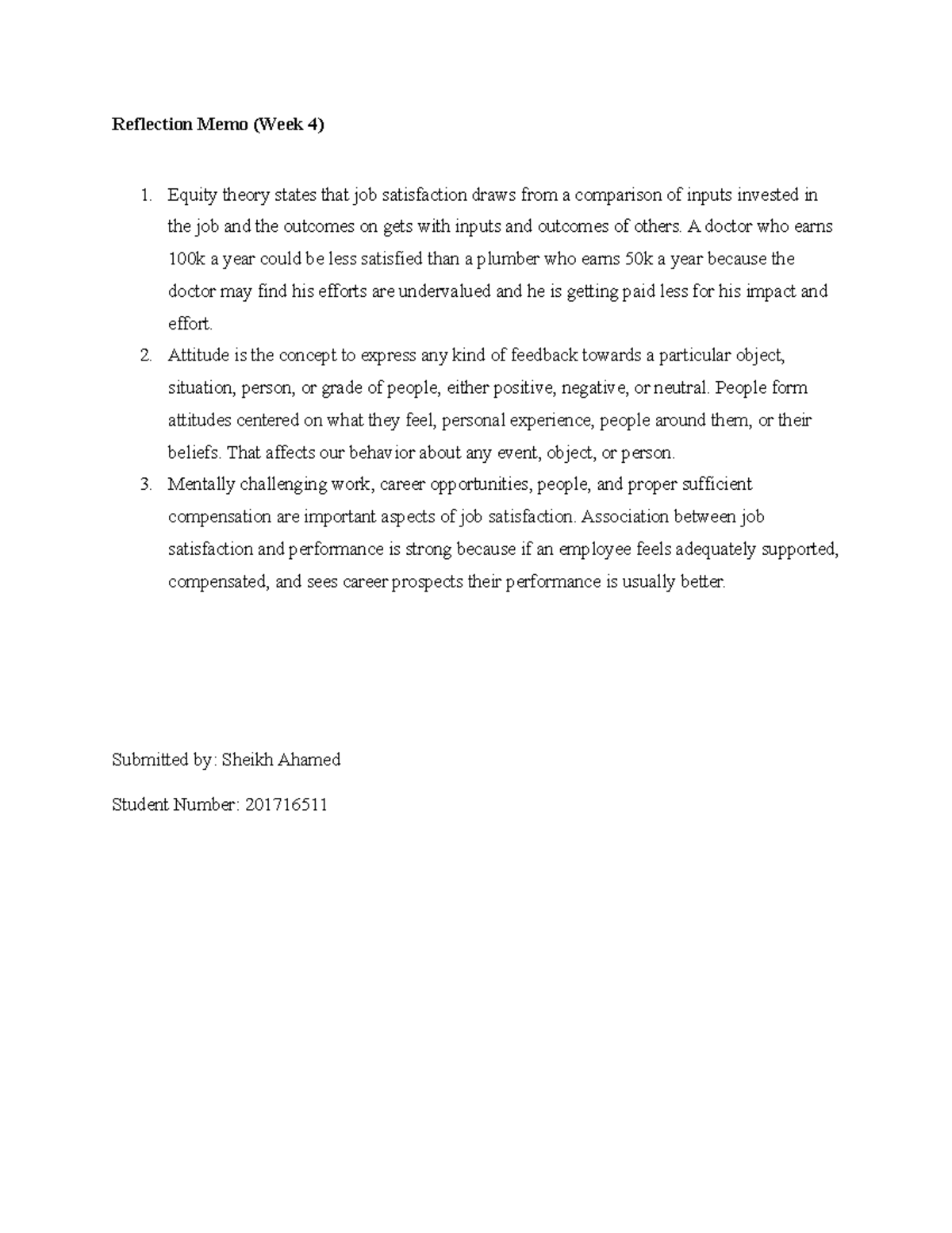Week 4 memo - weekly memo - Reflection Memo (Week 4) Equity theory ...