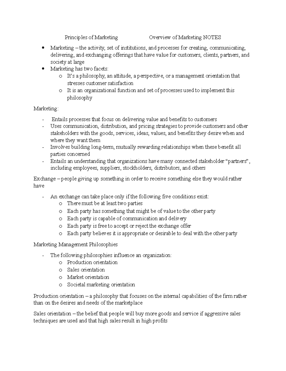 Principles of Marketing Overview of Marketing Notes - Principles of ...
