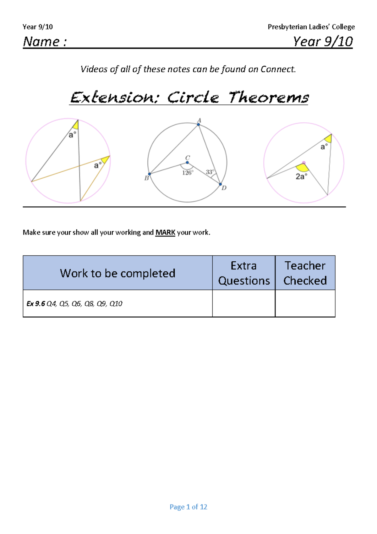 10 Circle Theorems - Name : Year 9/ 10 Videos of all of these notes can ...
