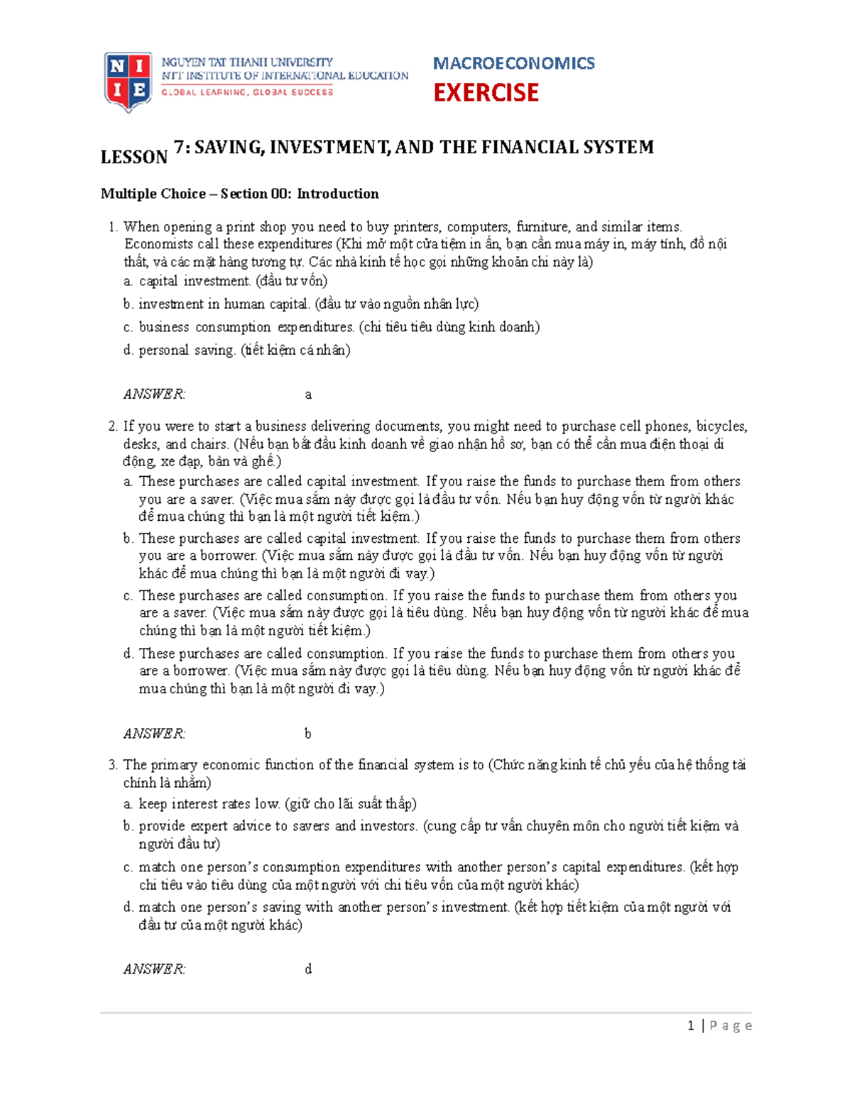 Exercise-L7- Saving and Investment - QA - EXERCISE LESSON 7: SAVING, INVESTMENT, AND THE ...