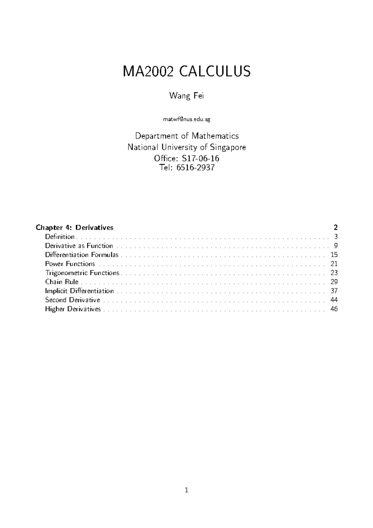 MA2002-Chapter 4 - SEM1 Prof Wang Fei - MA2002 CALCULUS Wang Fei matwf@nus.edu Department of ...