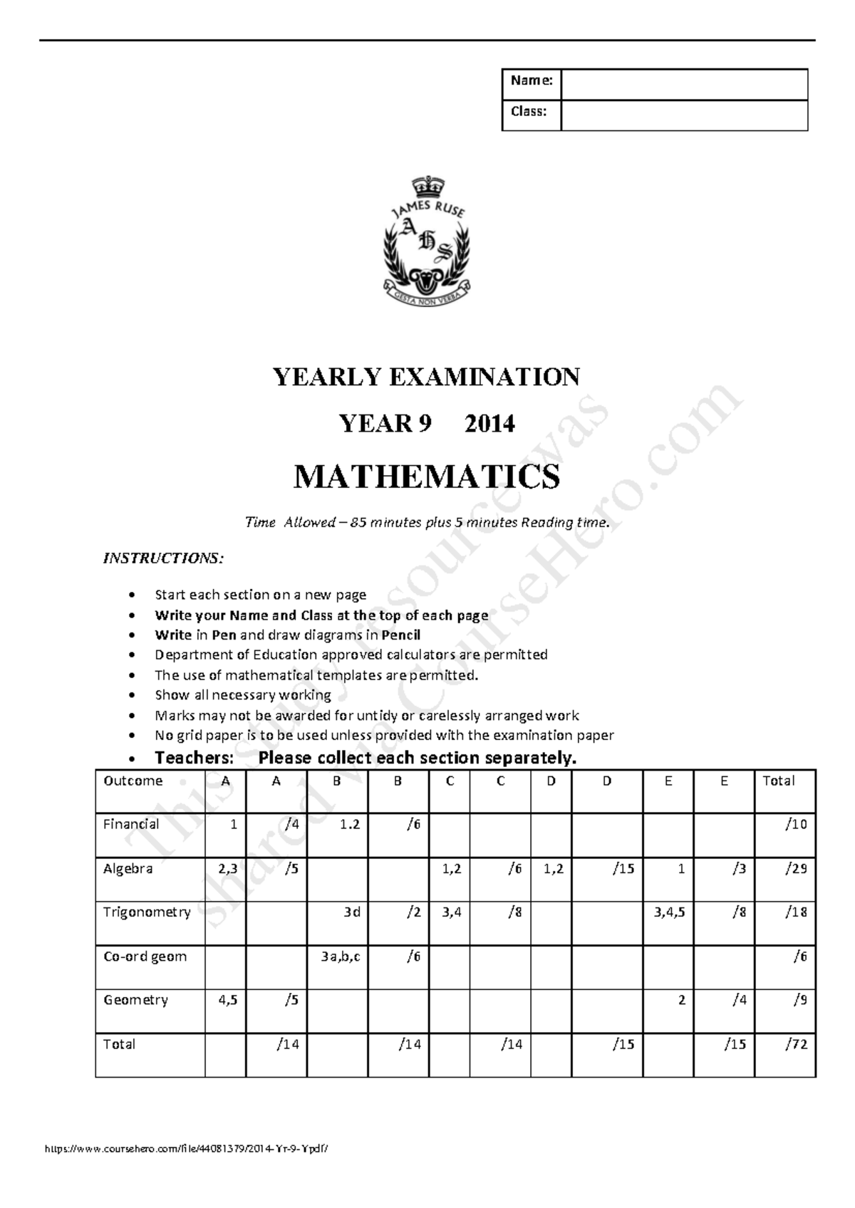 Exams from James Ruse - YEARLY EXAMINATION YEAR 9 2014 MATHEMATICS Time ...