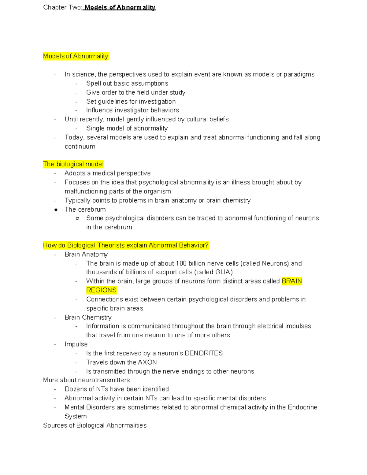 Models Of Abnormality Psych 168 Lecture Notes Chapter Two Models Of Abnormality Models Of