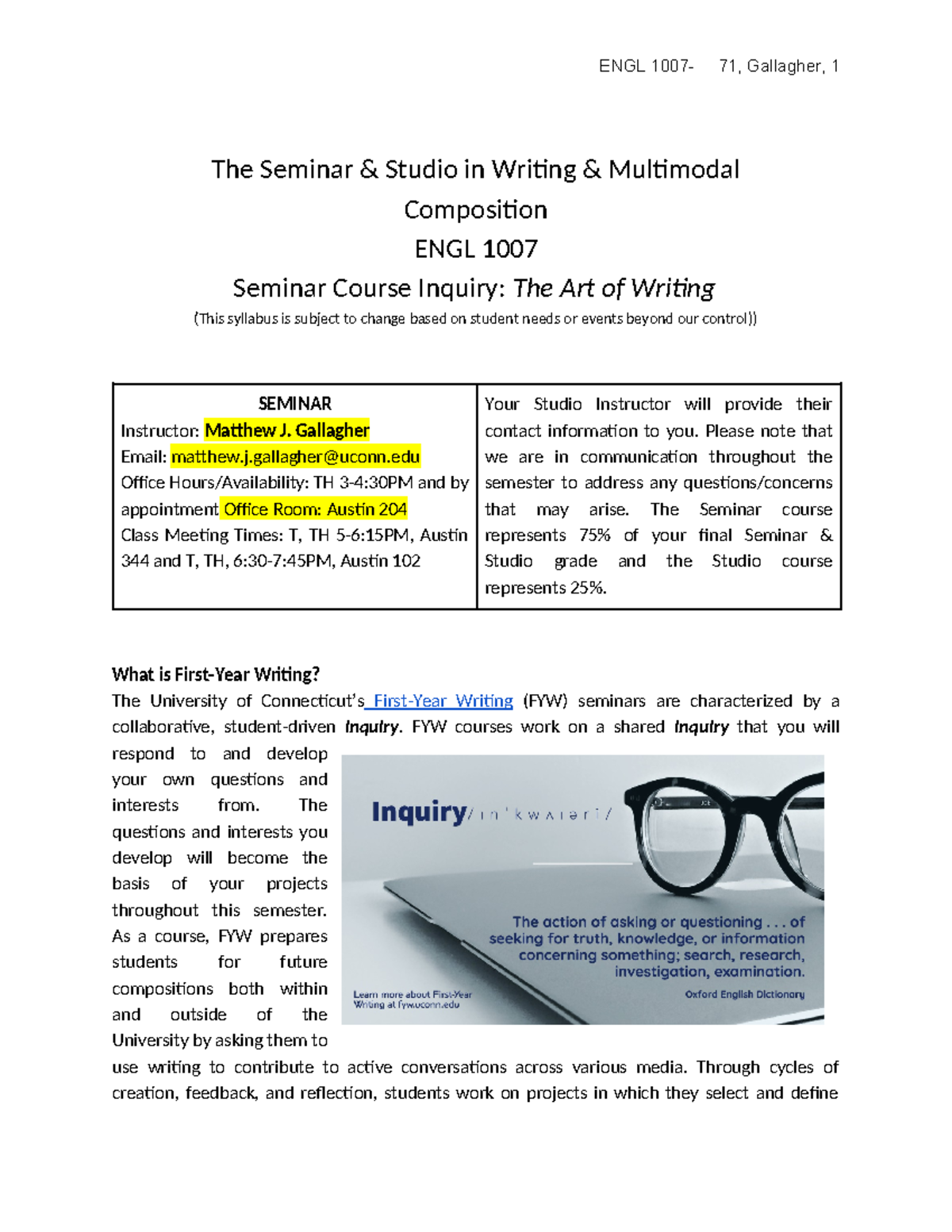 ENGL 1007 Syllabus - The Seminar & Studio in Writing & Multimodal ...