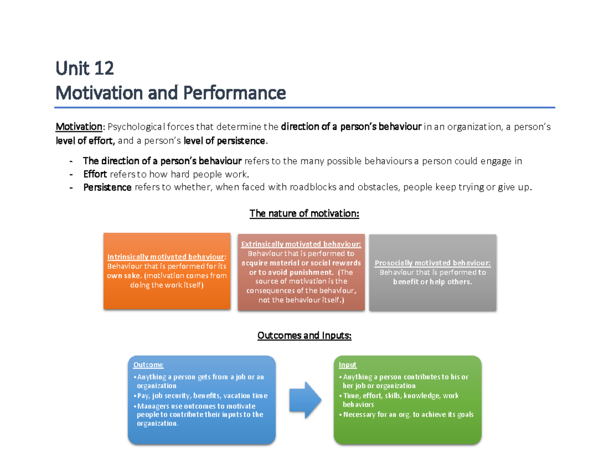 Unit 12 edited - Summary Business management - Unit 12 Motivation and ...